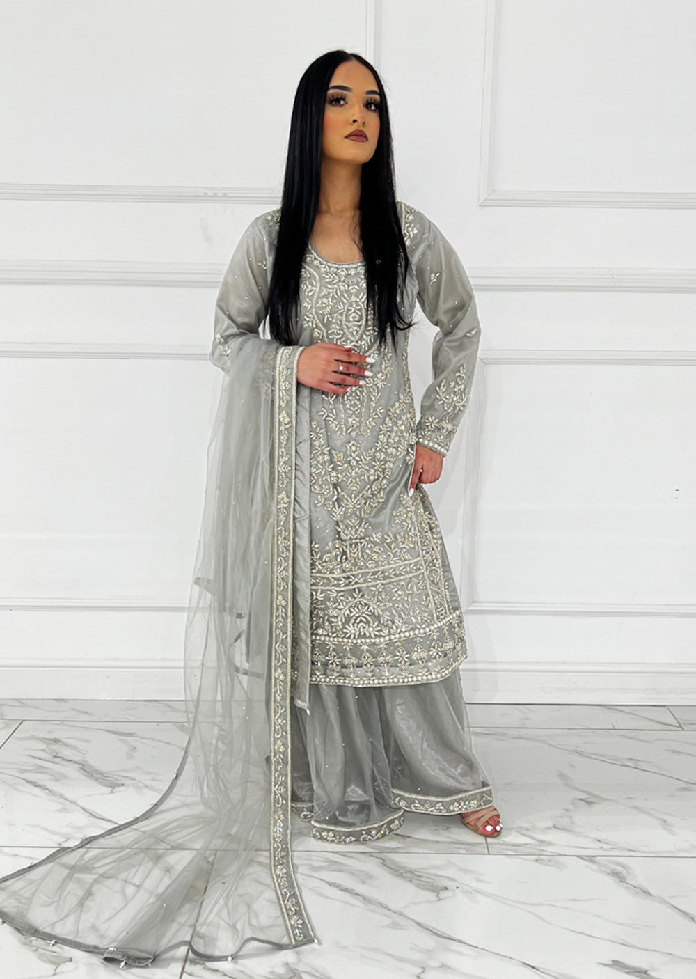 RH2111 Aaina - Grey Fancy Net Outfit – Memsaab