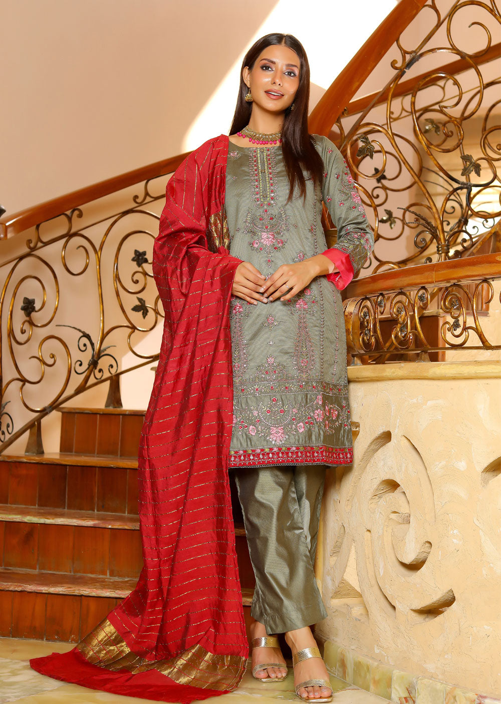 KLD302 Sanaya - Green Readymade Khadi Net Suit – Memsaab