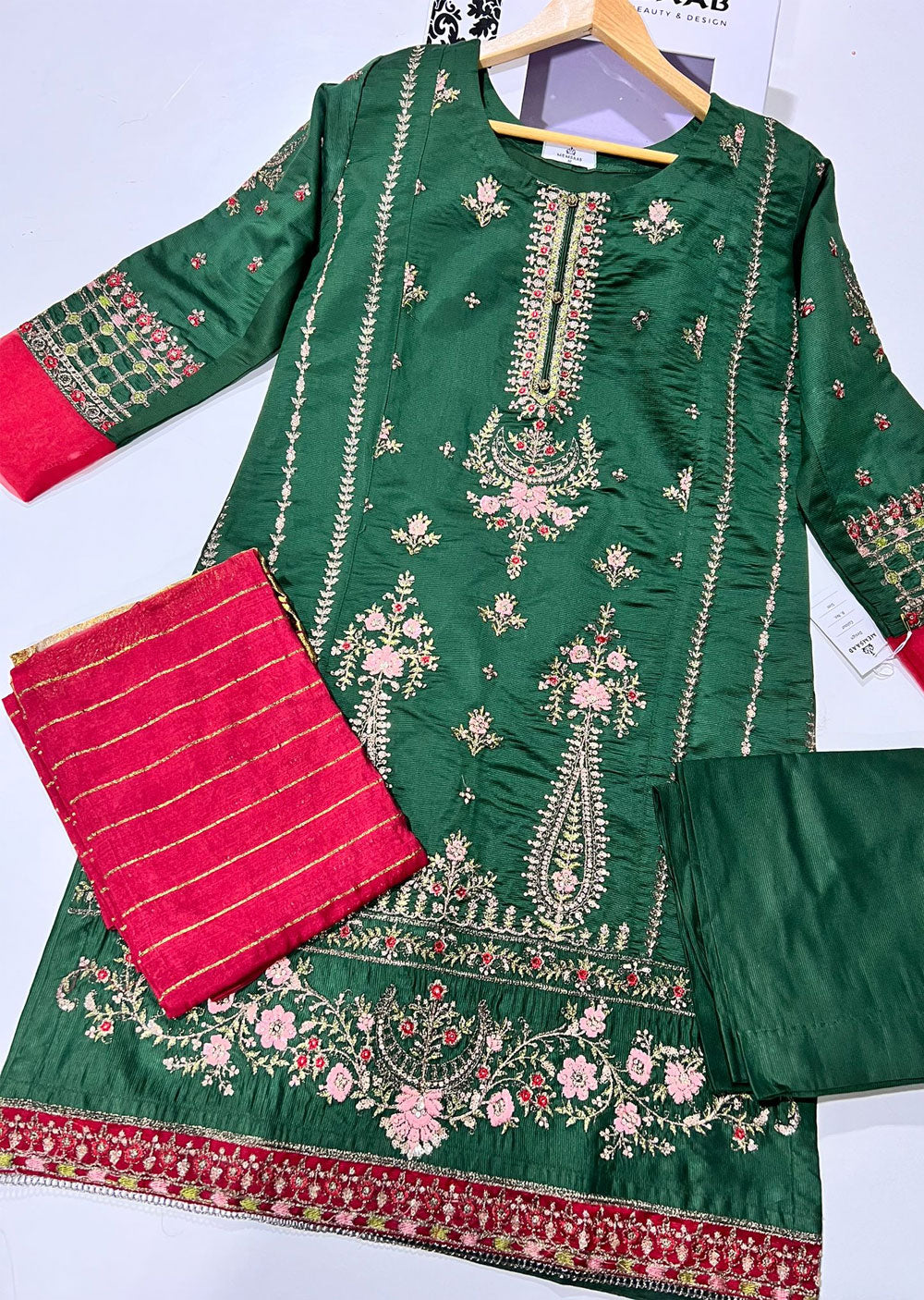 KLD302 Sanaya - Dark Green Readymade Khadi Net Suit – Memsaab