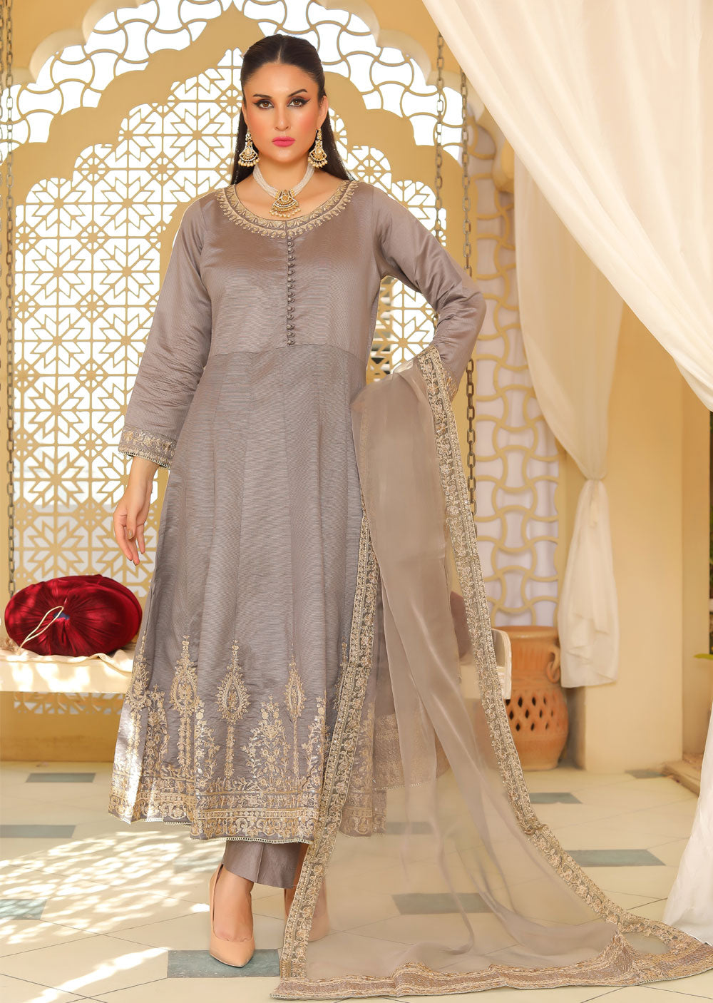 KLD318 / KLD1037 Iman - Grey Readymade Khadi Net Suit – Memsaab