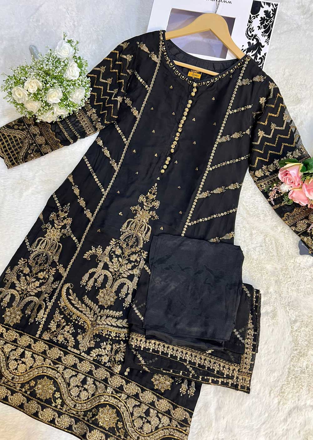 ALMS-55- Black Readymade Chiffon Suit – Memsaab