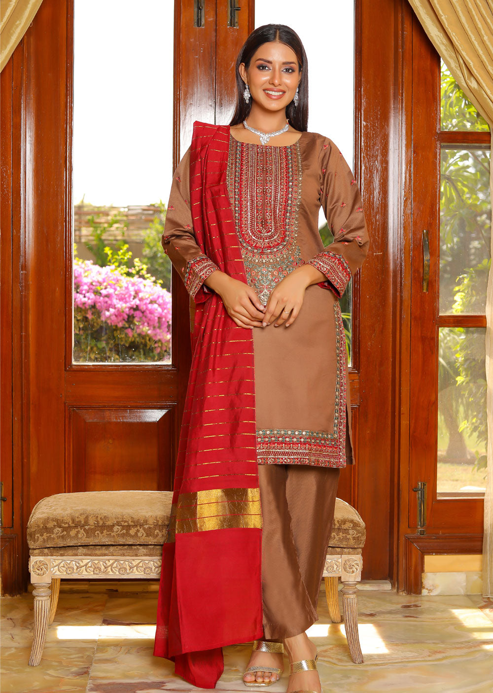 KLD310 Aaria - Brown Readymade Khadi Net Suit – Memsaab