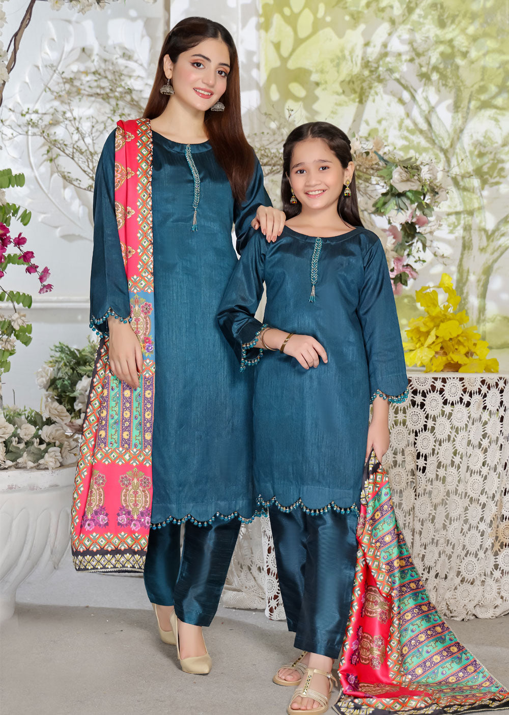 HK265 Zarora - Teal Readymade Raw Silk Mummy n Me Suit – Memsaab