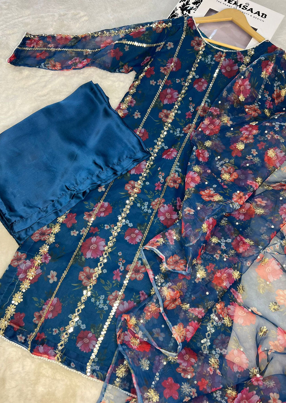 HK269 Zarifa - Teal Readymade Organza Suit – Memsaab