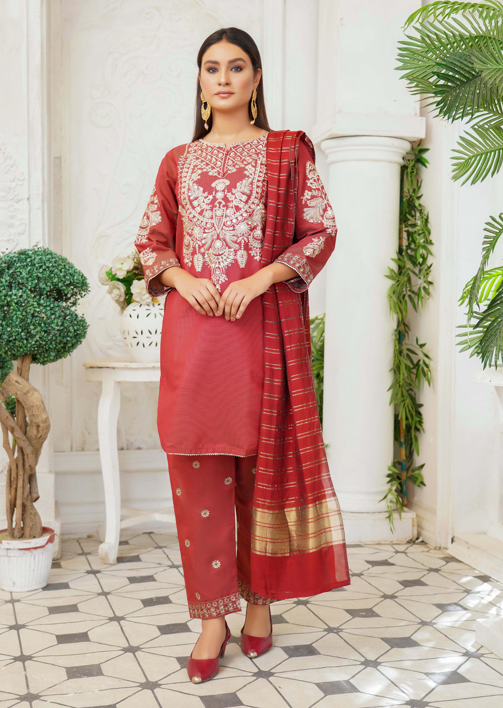 KLD122 Red Readymade Winter Cotton Net Suit – Memsaab