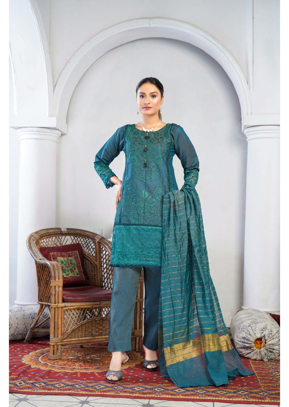 KLD127 Green Readymade Winter Cotton Net Suit – Memsaab