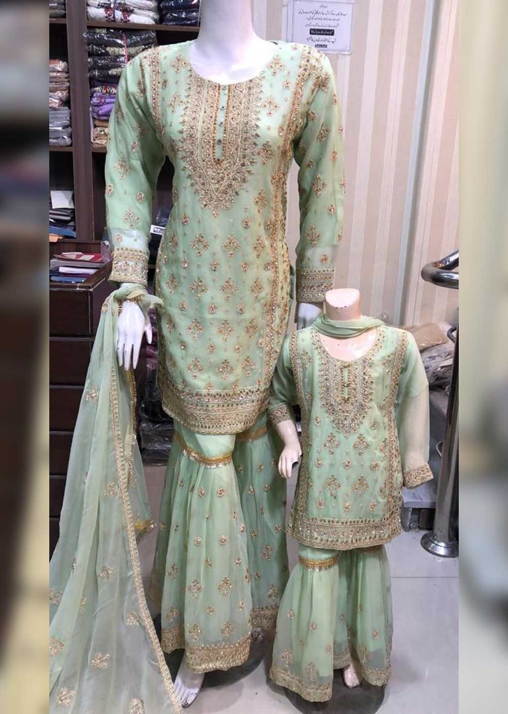 SHAZ6545 Mint Readymade Shararah Mother & Daughter Suit – Memsaab